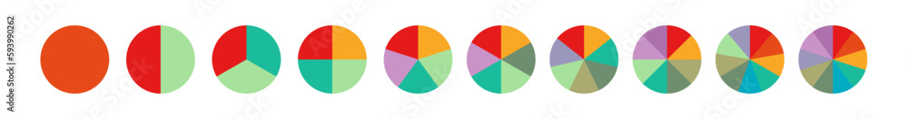 set of colored pie charts for 1,2,3,4,5,6,7,8,9,10 steps or sections to ...