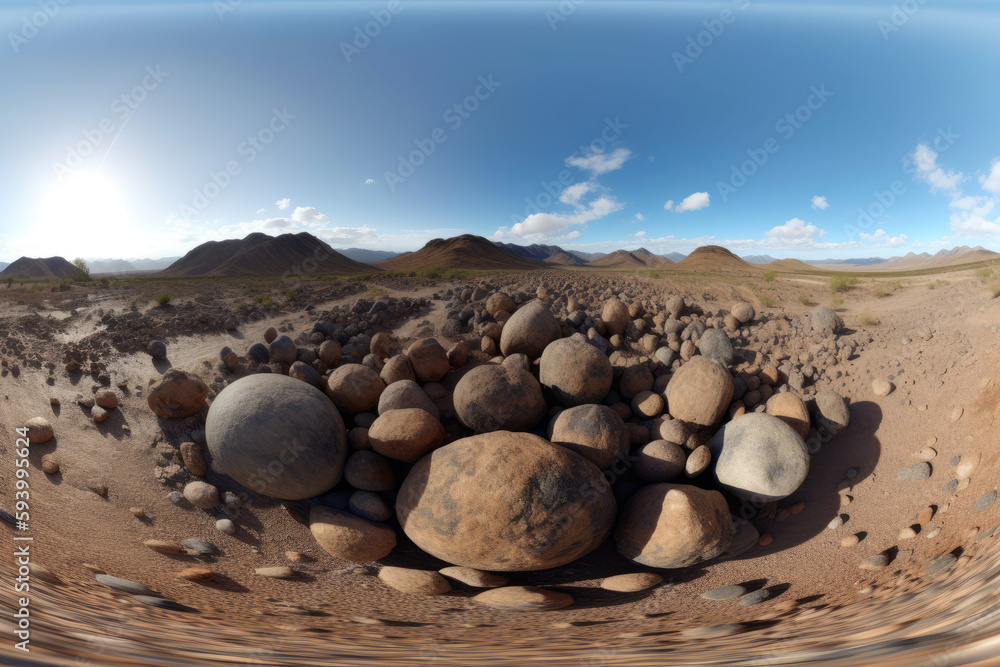 8K HDRI map, landscape with hills, stones, rocks, pebbles, sand and ...