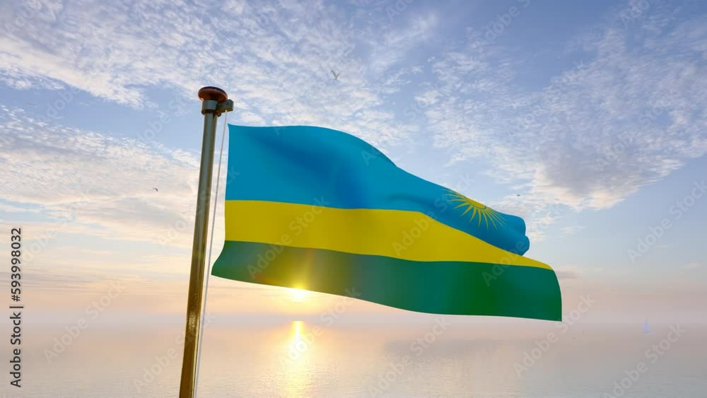 Rwanda national flag waving in beautiful blue sky. Flag of Rwanda ...