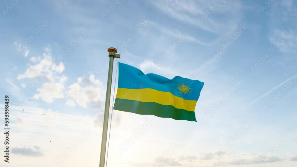 Rwanda national flag waving in beautiful blue sky. Flag of Rwanda ...