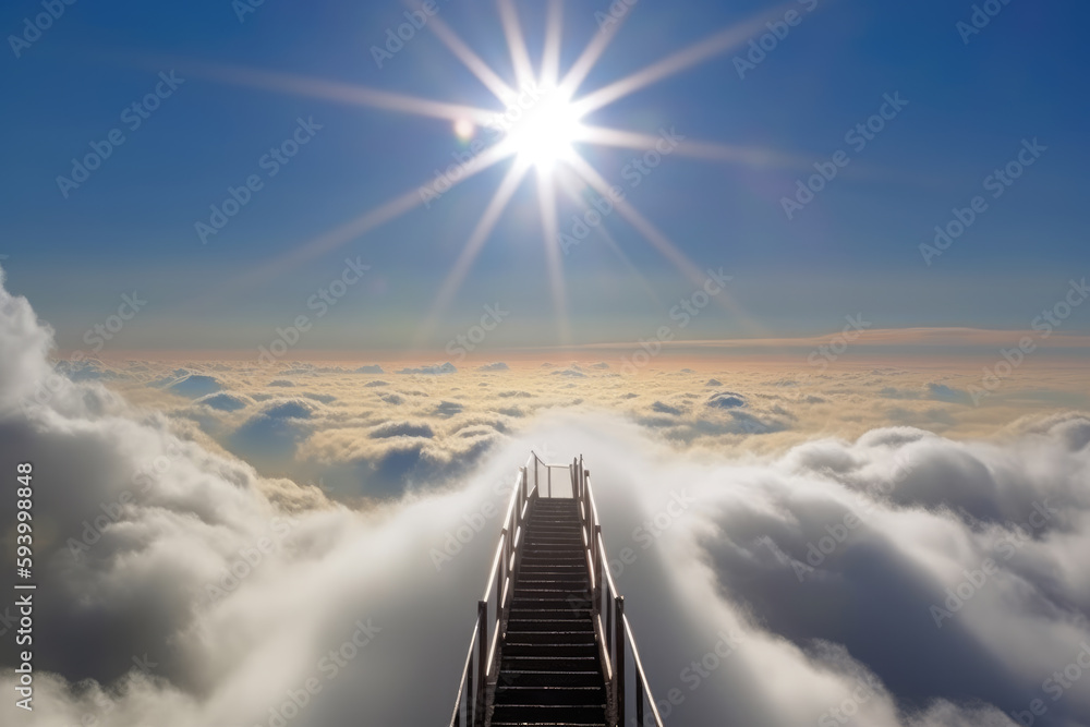 Stairway to heaven. Stairway through the clouds to the heavenly light ...
