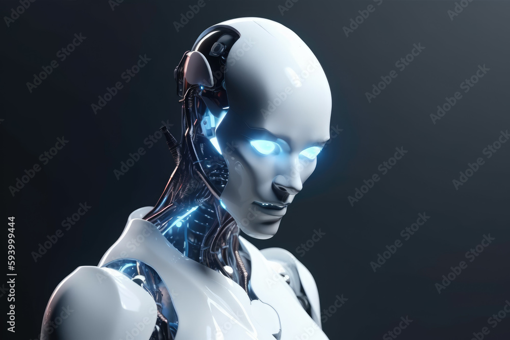 Porcelain white humanoid cyborg with blue glowing eyes. Android. AI ...