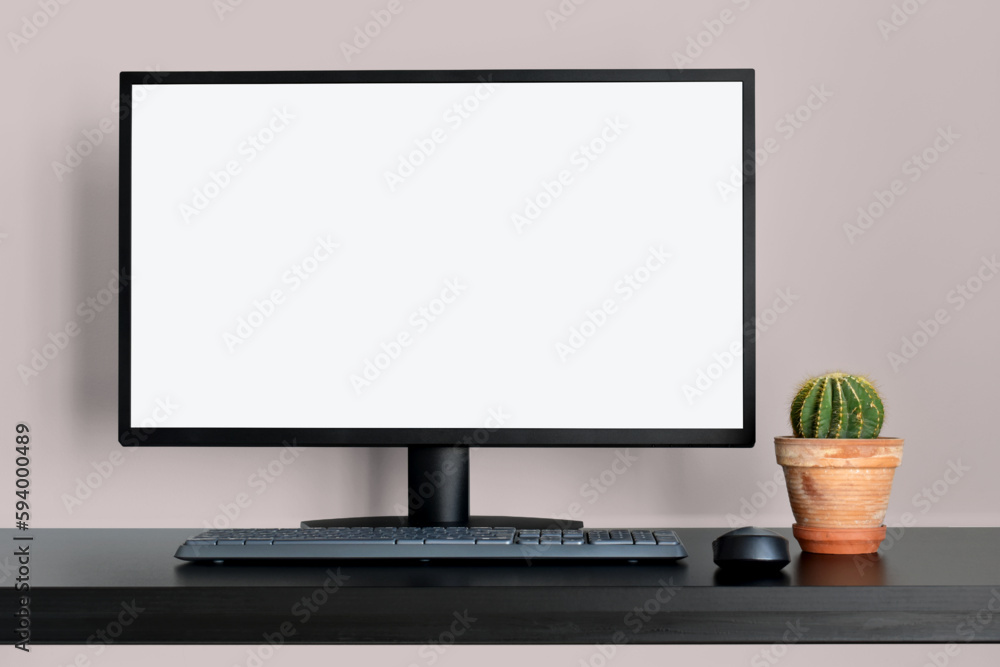 Modern earthy pink office with empty computer desktop mockup for ...