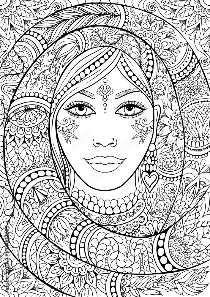Indian Woman Face Portrait With Ornamental Bakground In Zentangle Style indian-woman-face-portrait-with-ornamental-bakground-in-zentangle-style