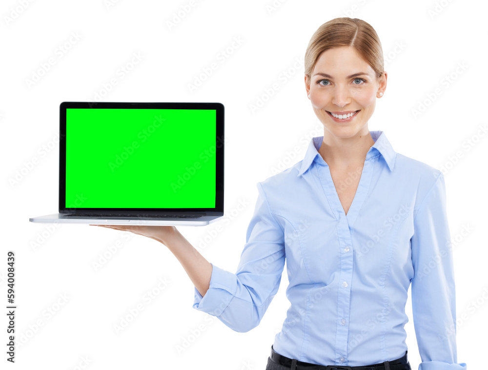 Portrait, green screen or woman with laptop, smile or business person ...