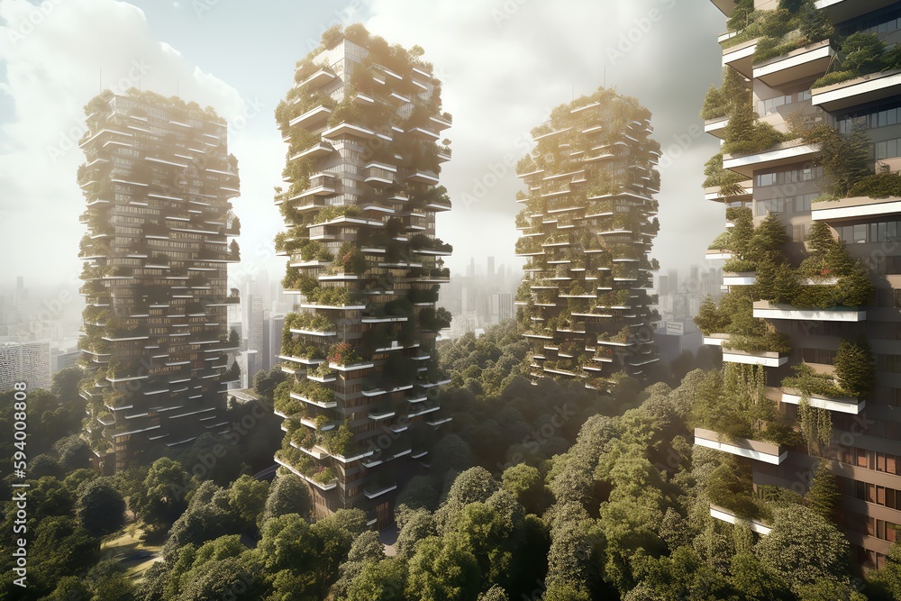 Vertical forest metropolis with civil architecture. Generative AI Stock ...