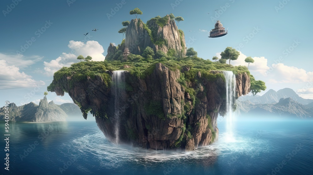 Beautiful fantasy floating island with waterfalls - Generative AI Stock ...