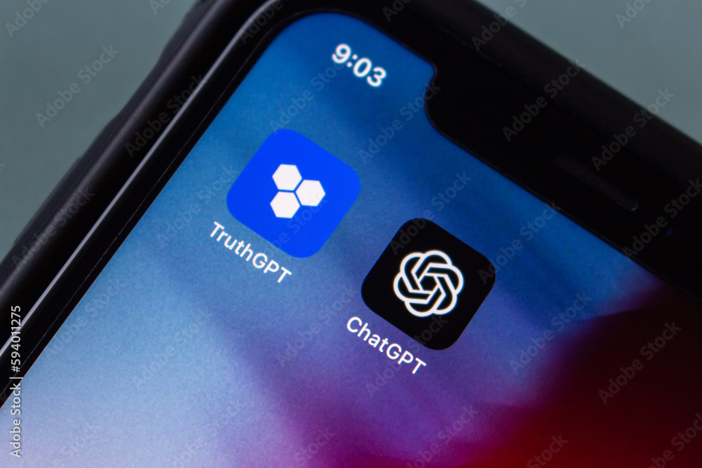 Vancouver, CANADA - Apr 18 2023 : Elon Musk’s new AI language model TruthGPT and ChatGPT icons ...