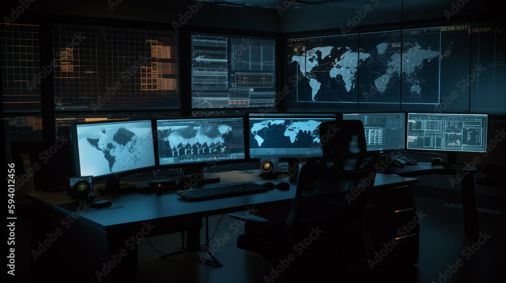 A dark room with a row of monitors and a large screen with the words ...