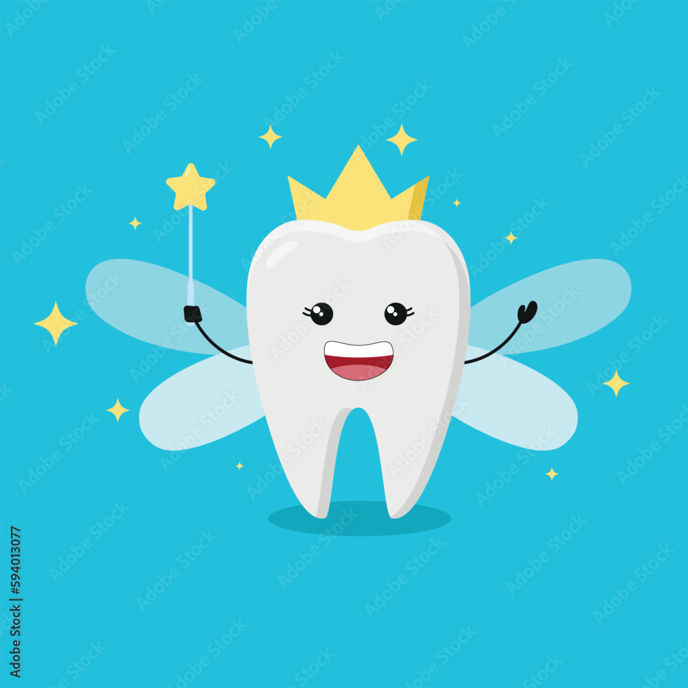 Tooth fairy wearing crown and holding a star magic wand. Cute greeting ...