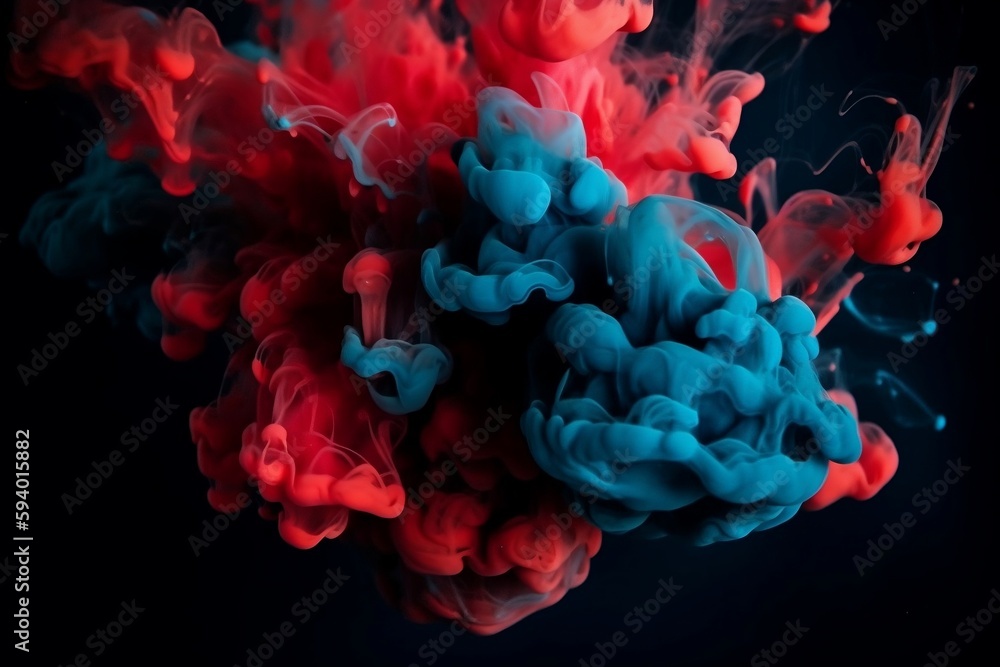 acrylic blue and red colors in water. ink blot. abstract black ...