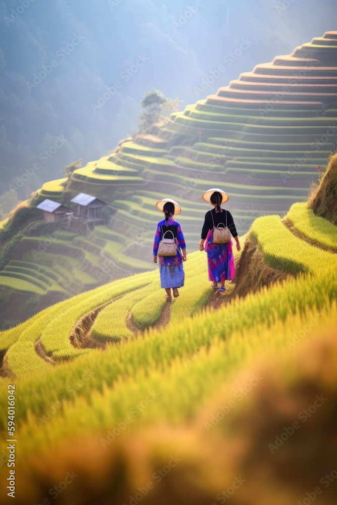 Hmong ethnic minority women walking on rice terraces in Mu Cang Chai ...