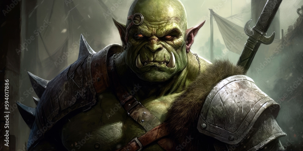 fantasy fierce looking half orc with green skin, dnd character concept ...