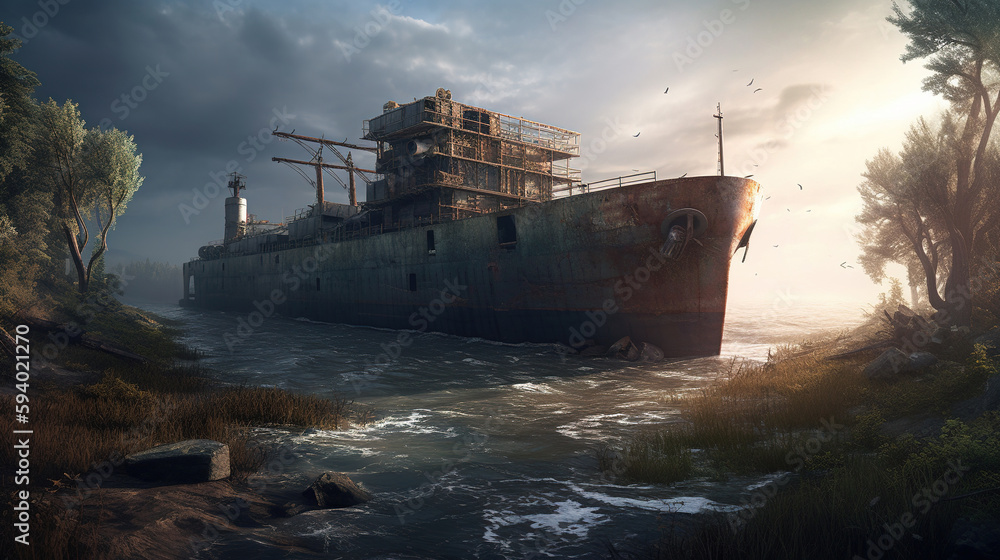 Abandoned shipwreck, wreck of old rusty ship or boat after post ...