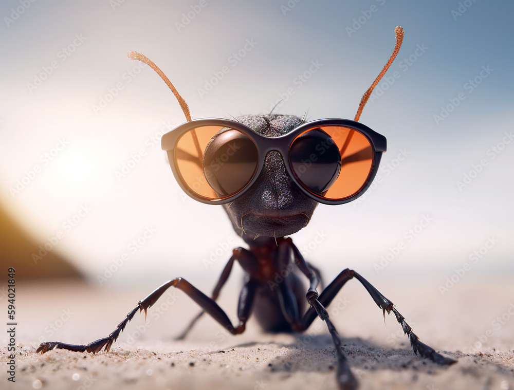 An ant wearing sunglasses in the beach sand. AI generated illustration ...