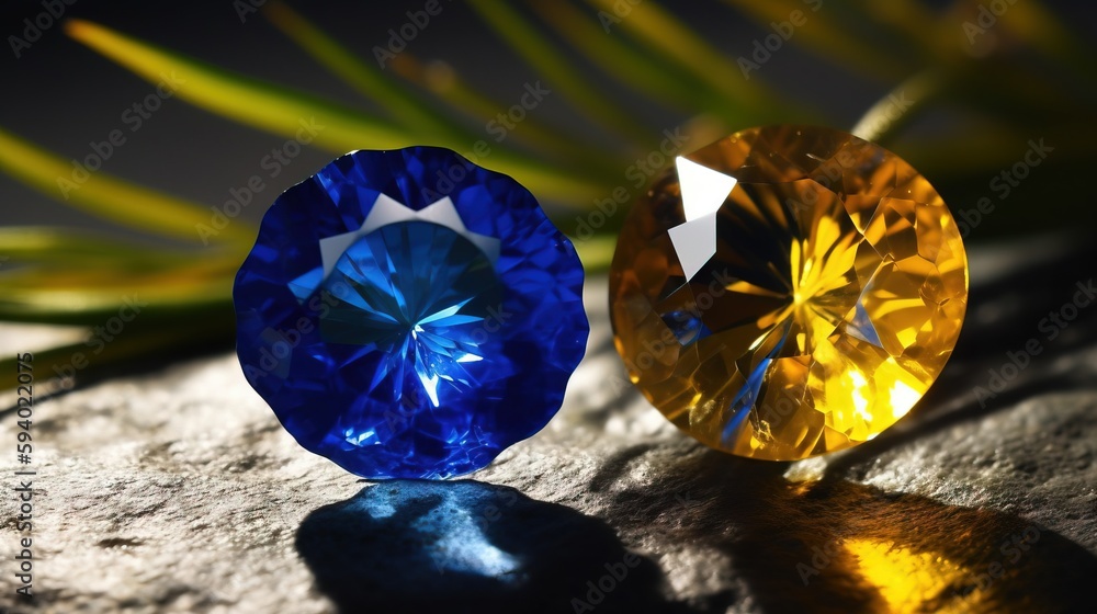 two different colored diamonds sitting next to each other on a rock ...