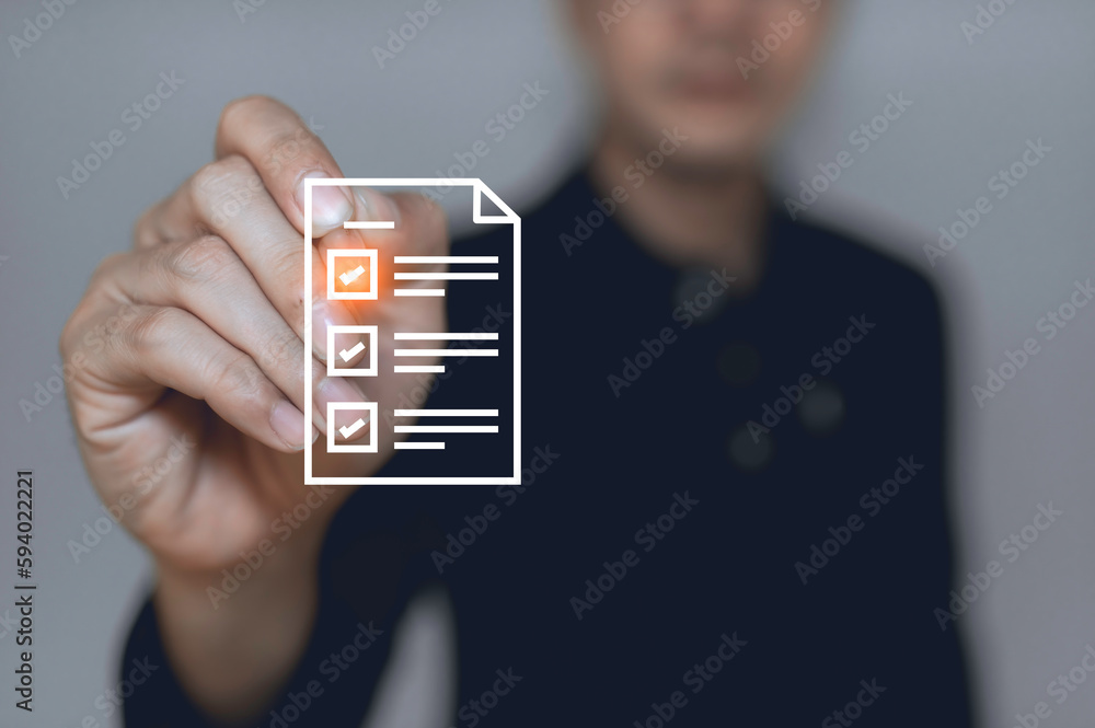 Man using a laptop and touching on virtual screen contact questionnaire ...