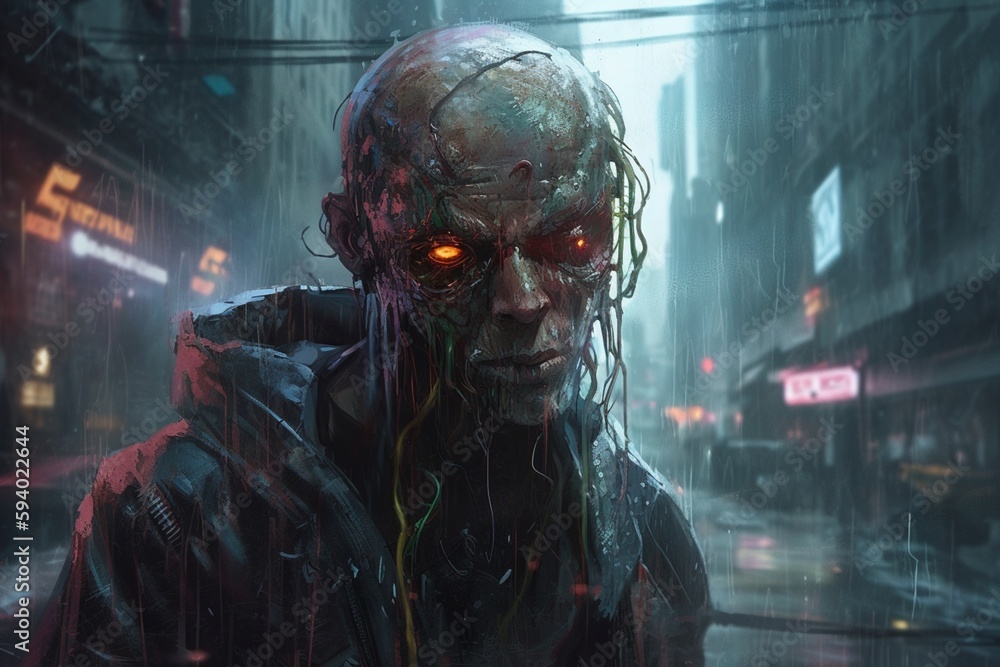 zombie combined with cyborg, cyberpunk, rainfall, cinematic lighting ...