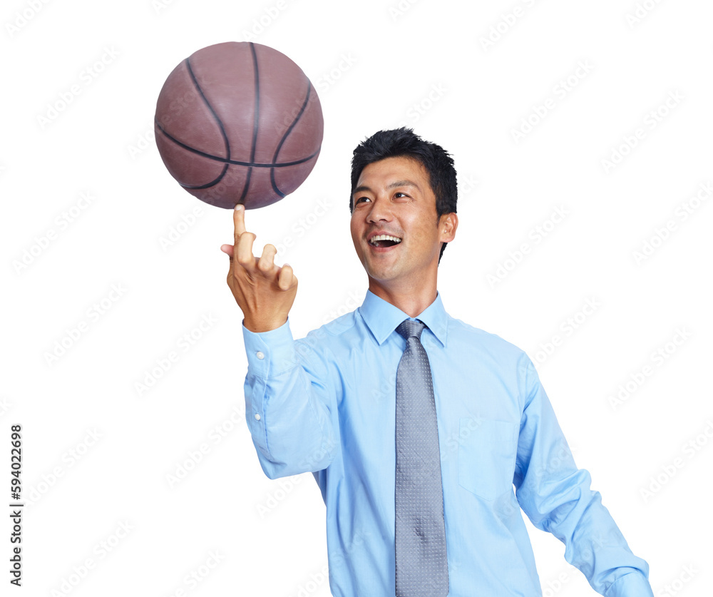 Happy business man spinning basketball on fingers for sports while ...