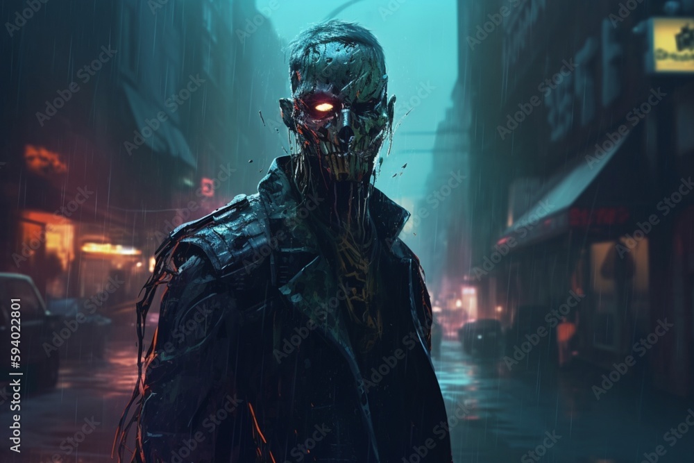 zombie combined with cyborg, cyberpunk, rainfall, cinematic lighting ...