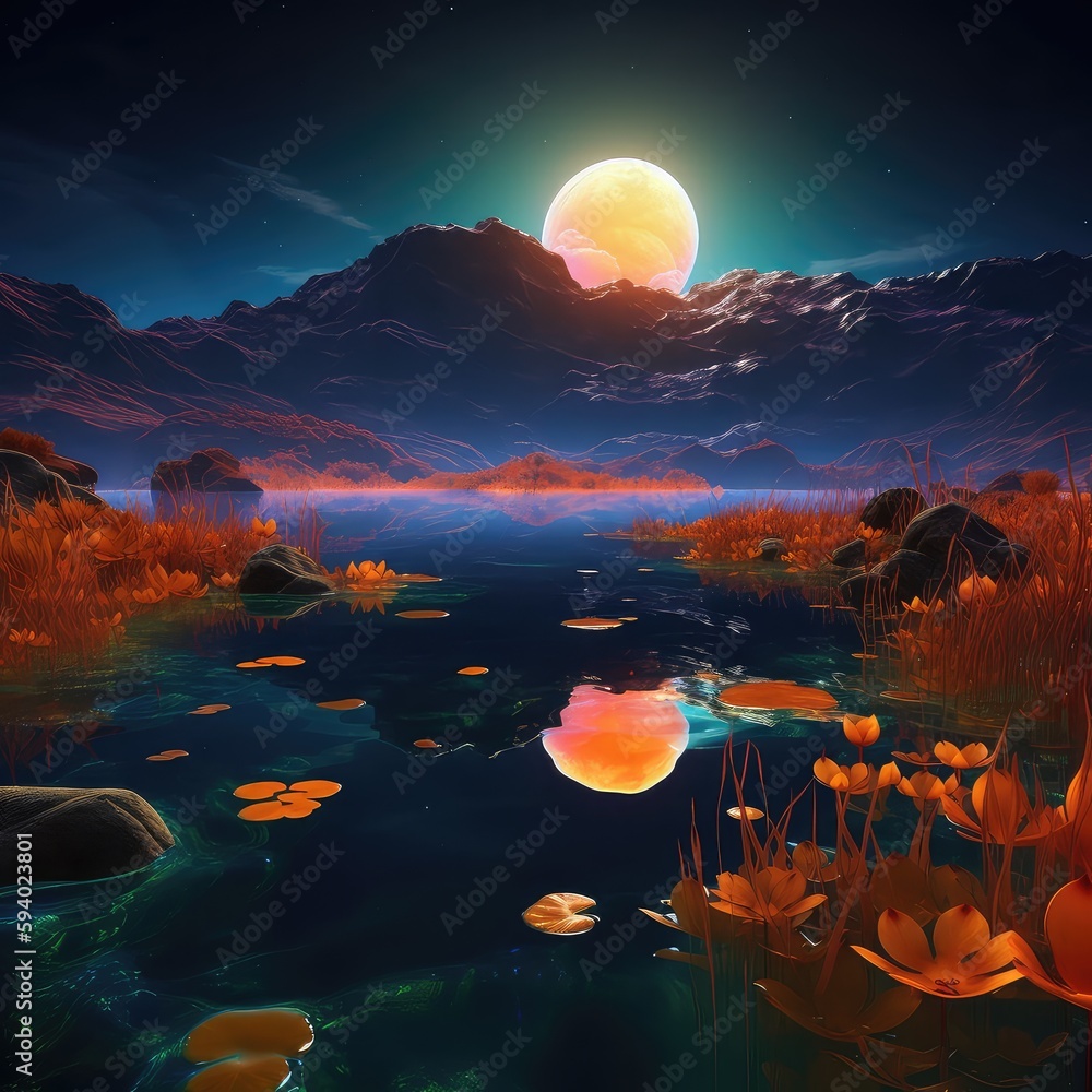 3D Abstract World, neon spring fields full of flowers and birds Vector ...
