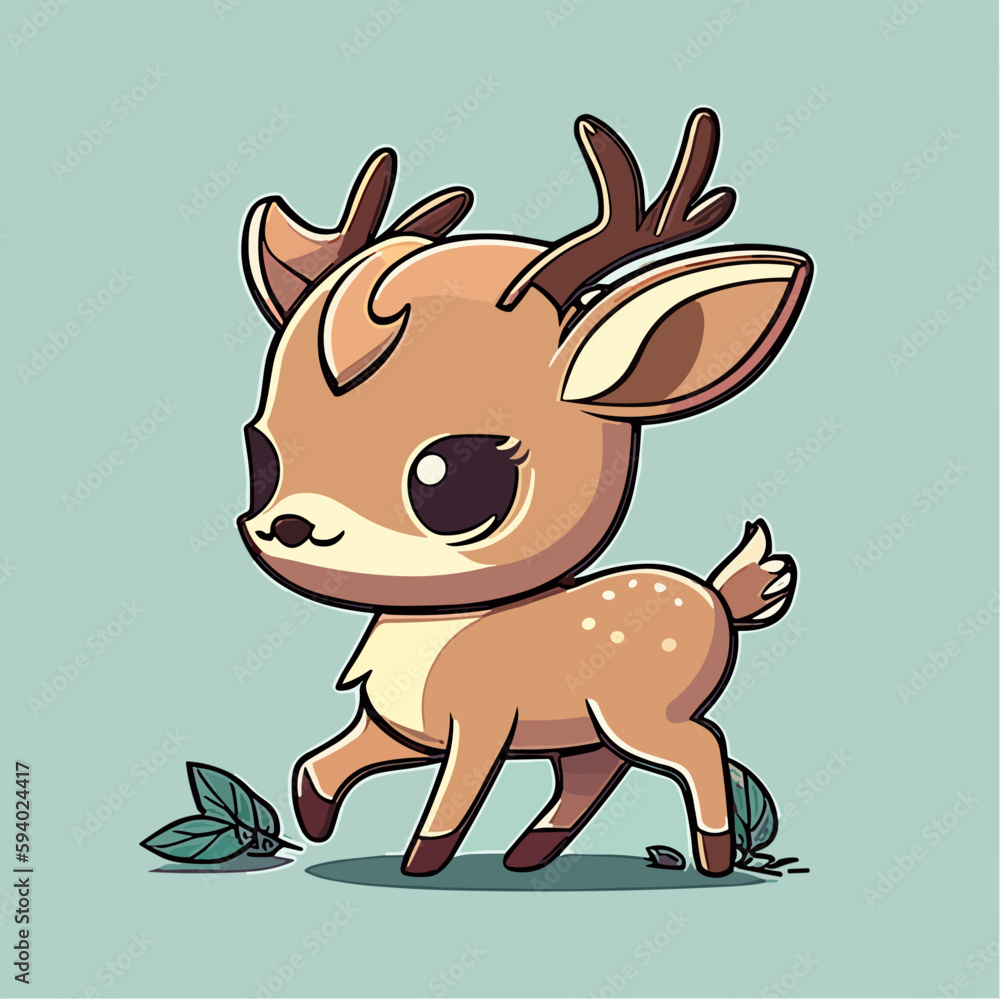Cute kawaii fawn deer calf in a magical forest, Flat vector ...