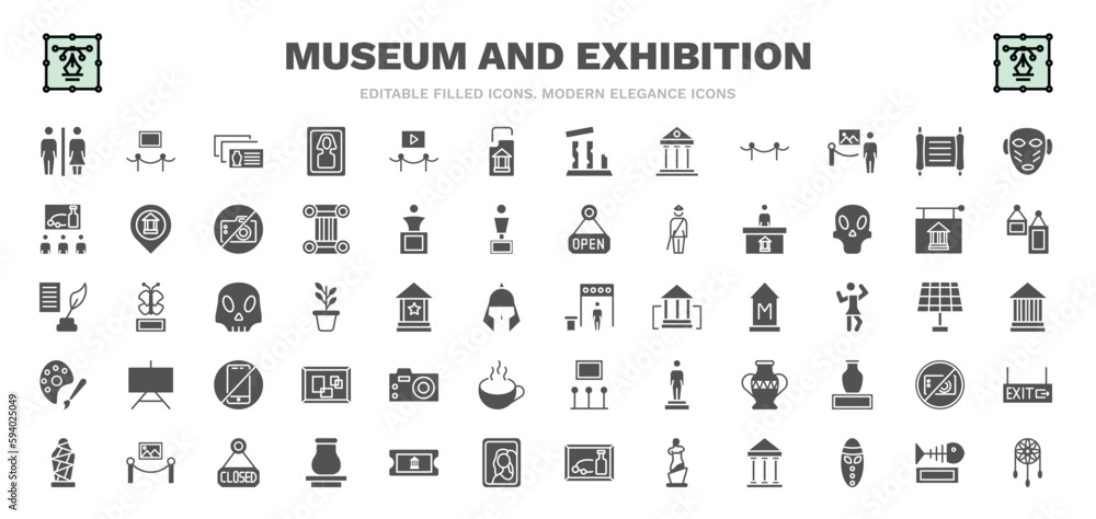 set of museum and exhibition filled icons. museum and exhibition glyph ...