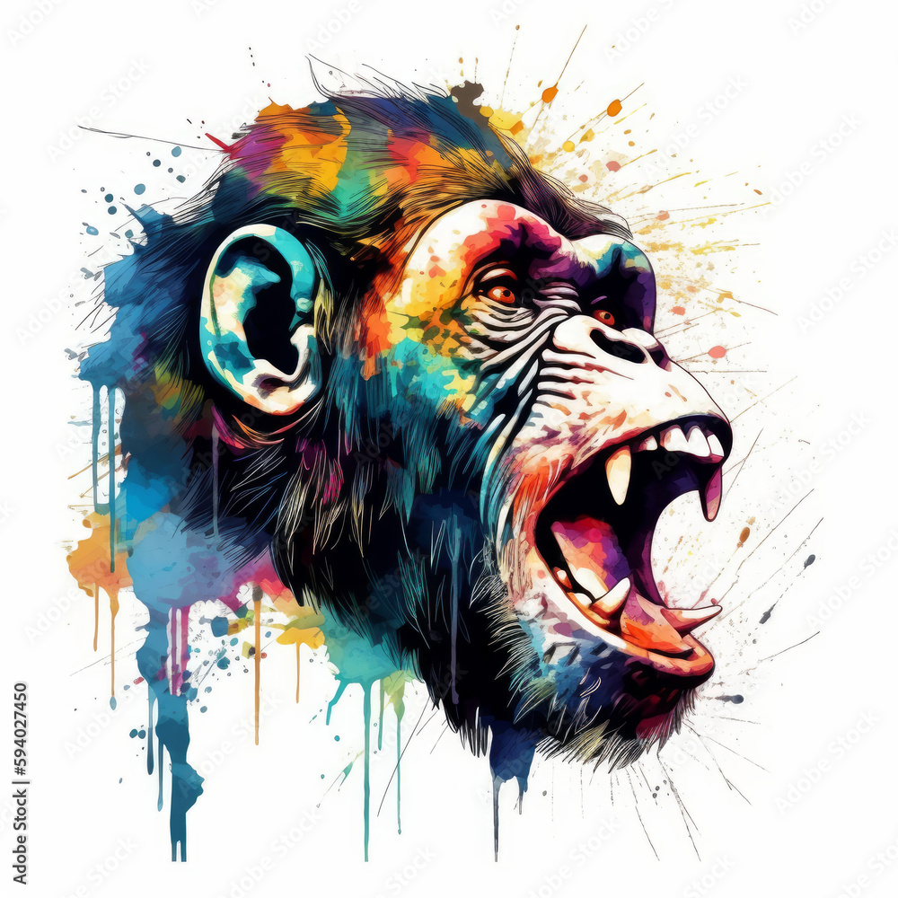 Wild monkey head fiercely roaring against a white background. Colorful ...