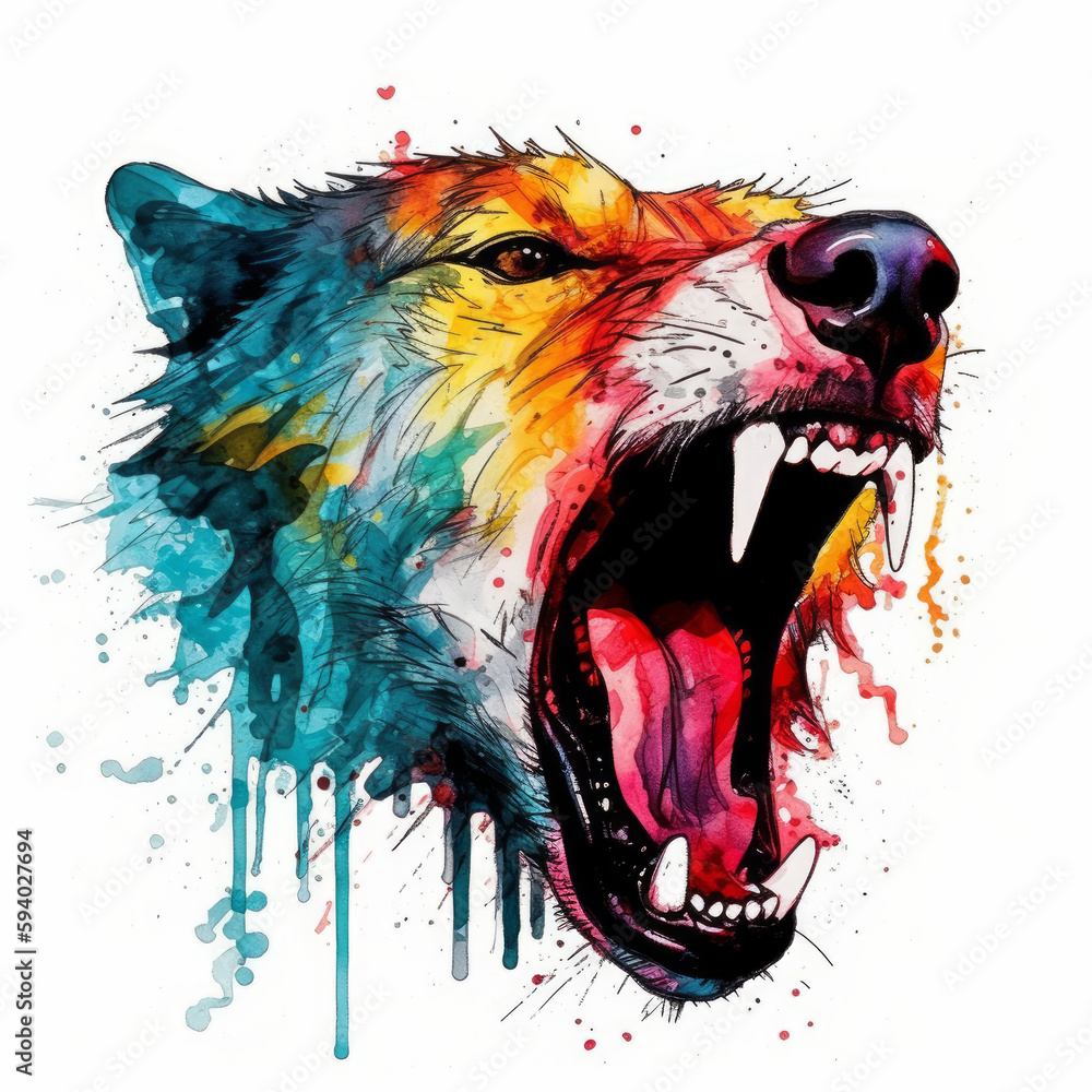 Wild dog head fiercely roaring against a white background. Colorful ...