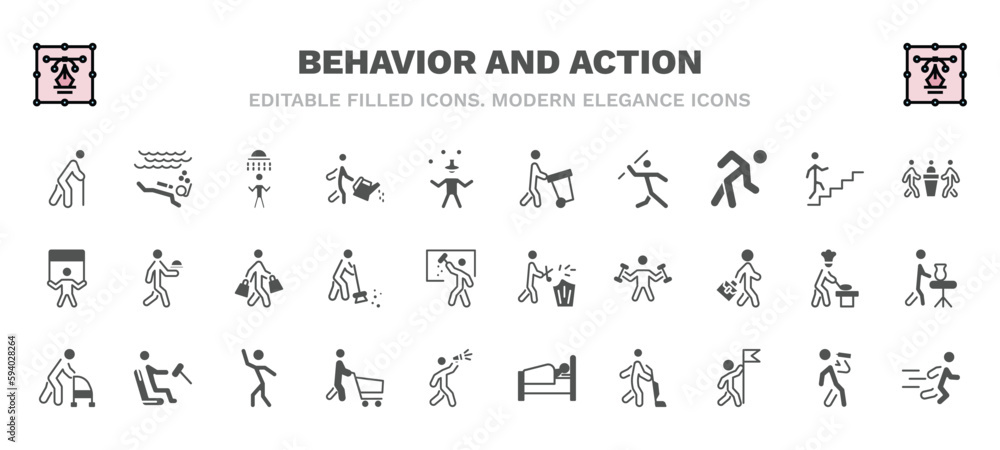 set of behavior and action filled icons. behavior and action glyph ...
