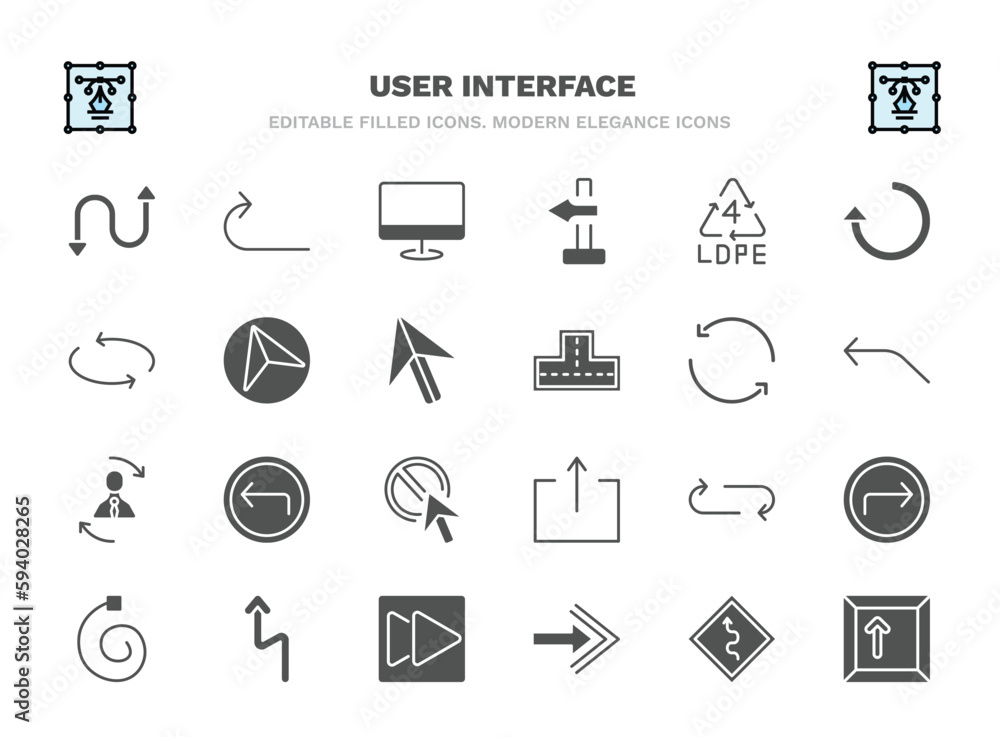 Vetor de set of user interface filled icons. user interface glyph icons such as bending, display ...