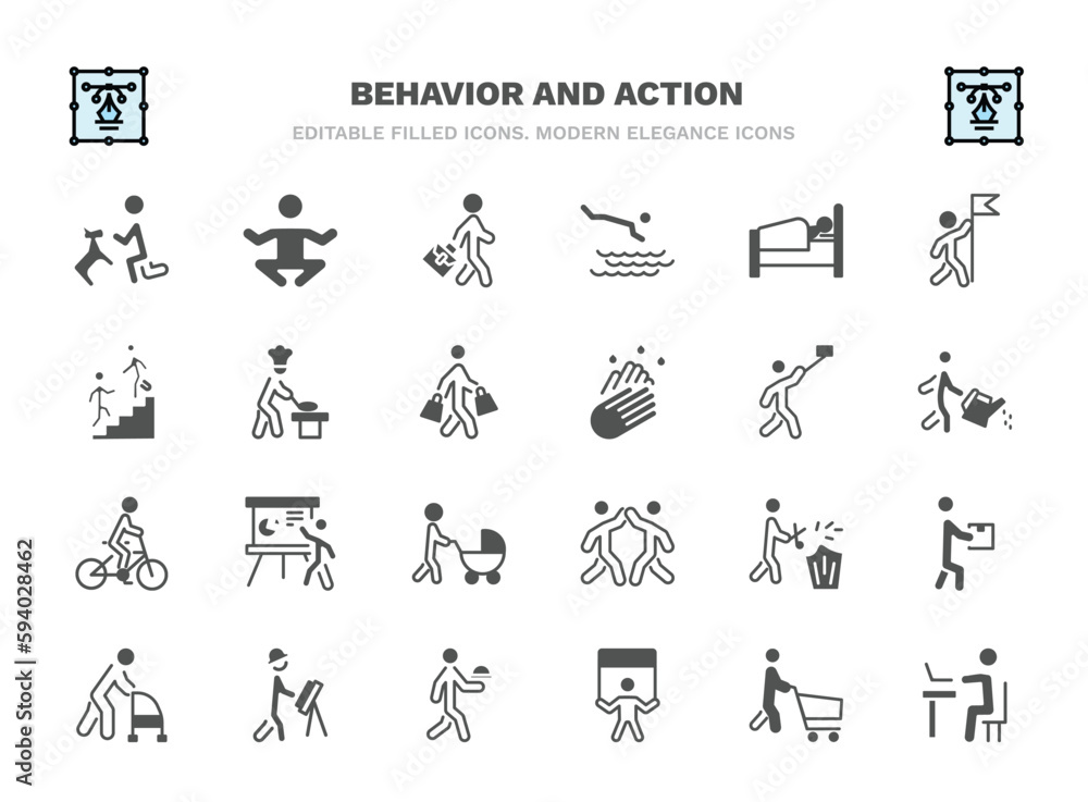 set of behavior and action filled icons. behavior and action glyph ...