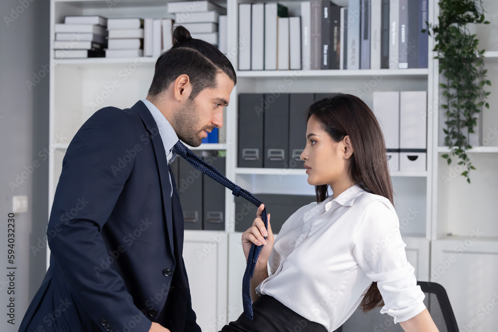 Sexy Asian Secretary Seduced Her Boss By Pulling His Necktie In The