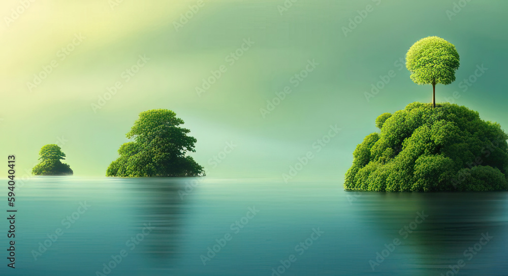Fantasy landscape with small floating plant islands with trees in the ...
