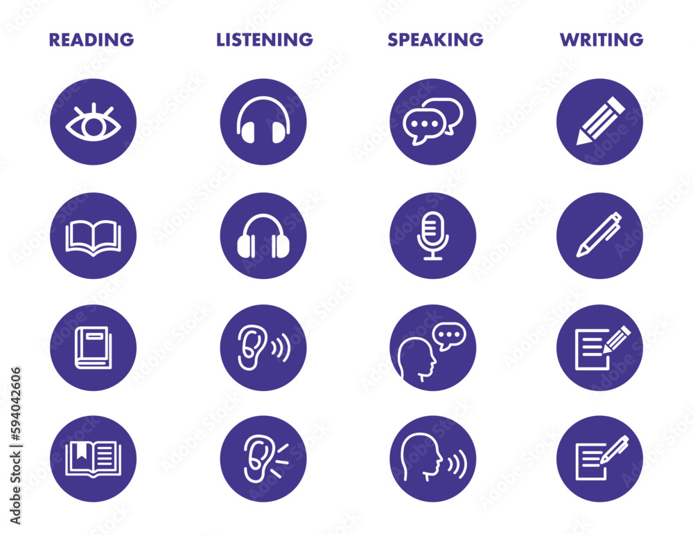 Language skill icon set speaking listening reading writing education ...