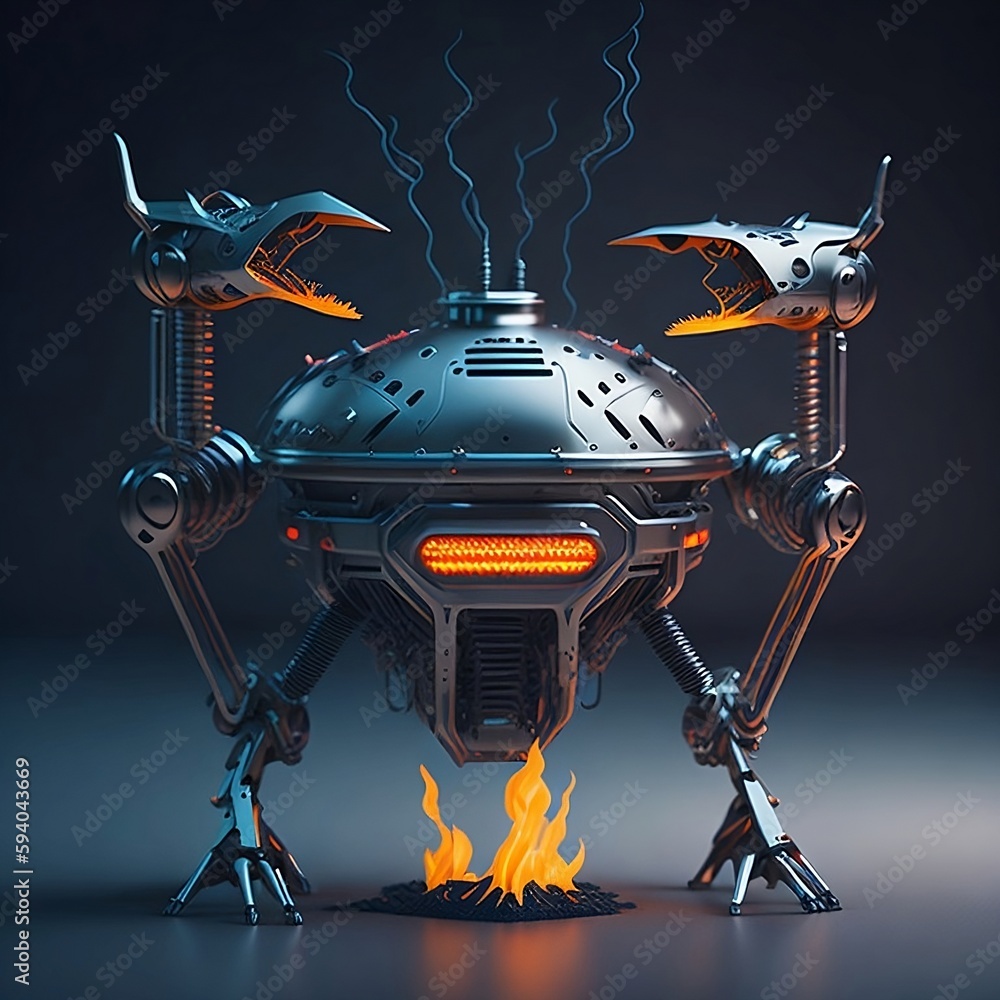 A futuristic barbecue with a shiny grill and robotic arms. Stock ...