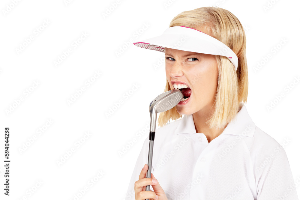 Sports, angry and woman biting a golf club portrait for stress isolated ...