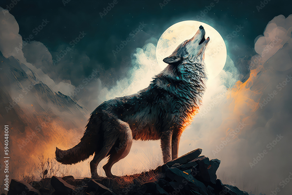 Digital illustration art painting a wolf howling in the wild, big fool ...