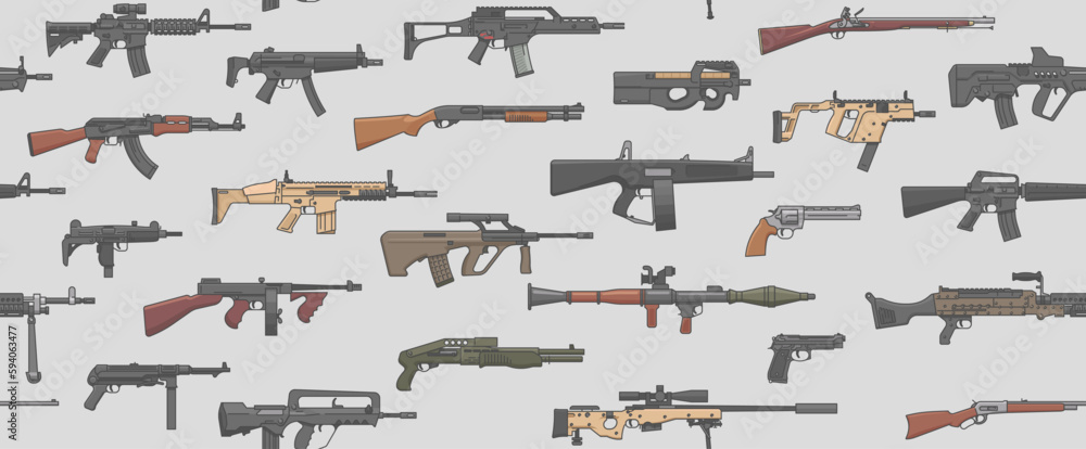 Seamless weapons pattern. Outline colorful icons. Isolated guns on ...