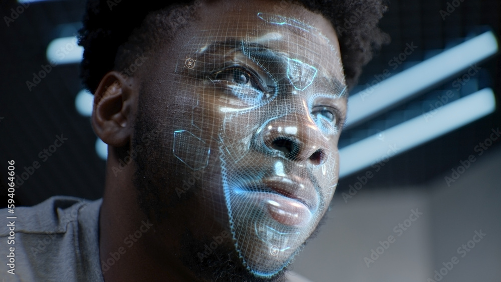Close up face portrait of young African American man with serious look ...