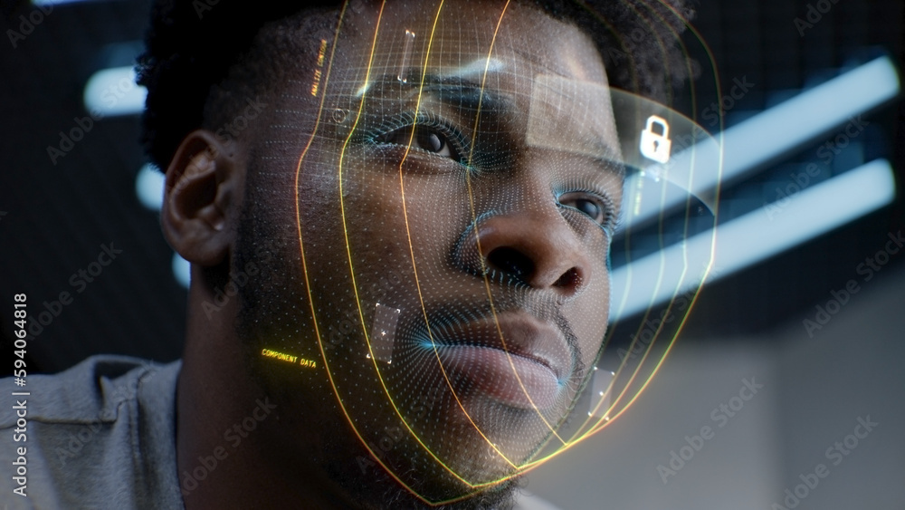 Close up face portrait of young African American man with serious look. 3D animation of human ...