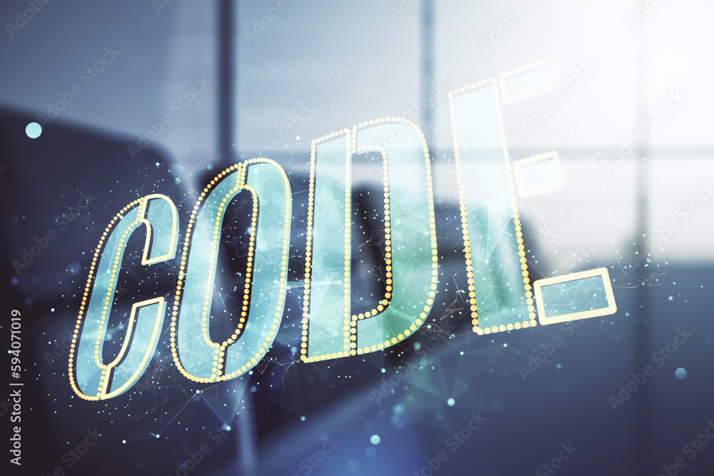 Code word hologram on a modern coworking room background, international ...
