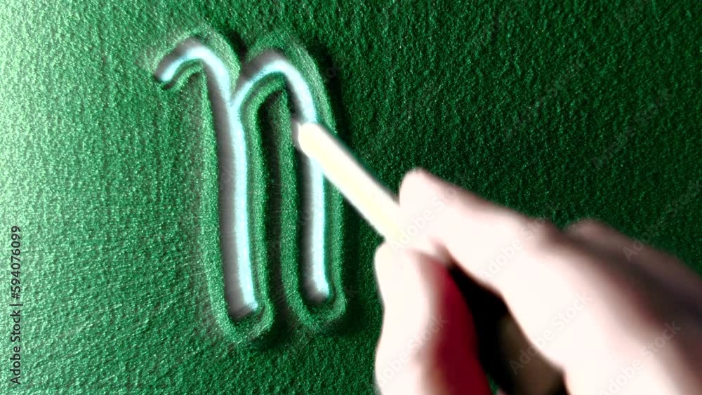 Hand drawing the Scorpio horoscope sign symbol in the Green Sand. Male ...