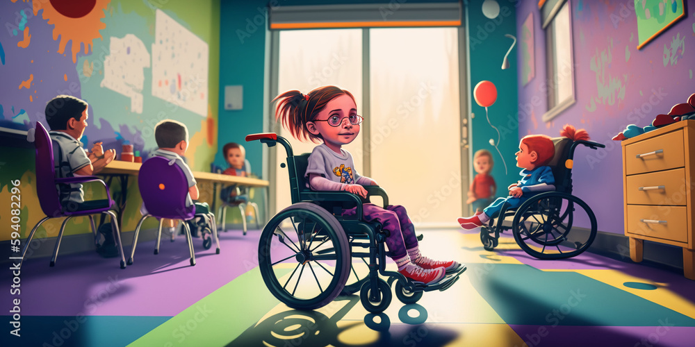 Generative AI, cartoon style, child in a wheelchair in kindergarten ...
