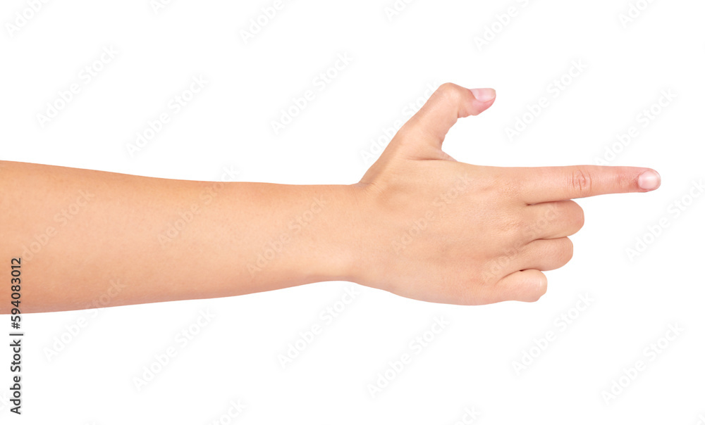 Hand, finger and pointing woman with a gun direction and gesture. Hands ...