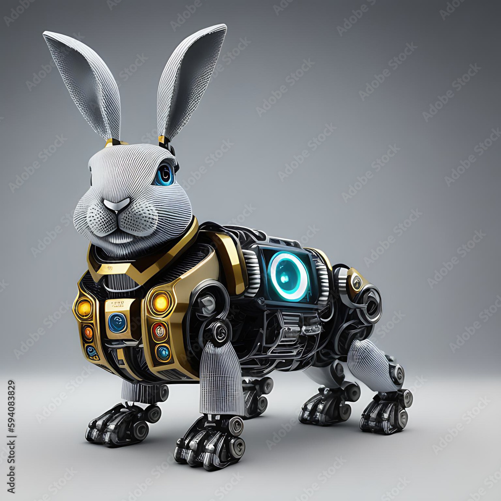 Super Realistic Photorealistic Grey Mechanical Rabbit Cyborg with Blue ...