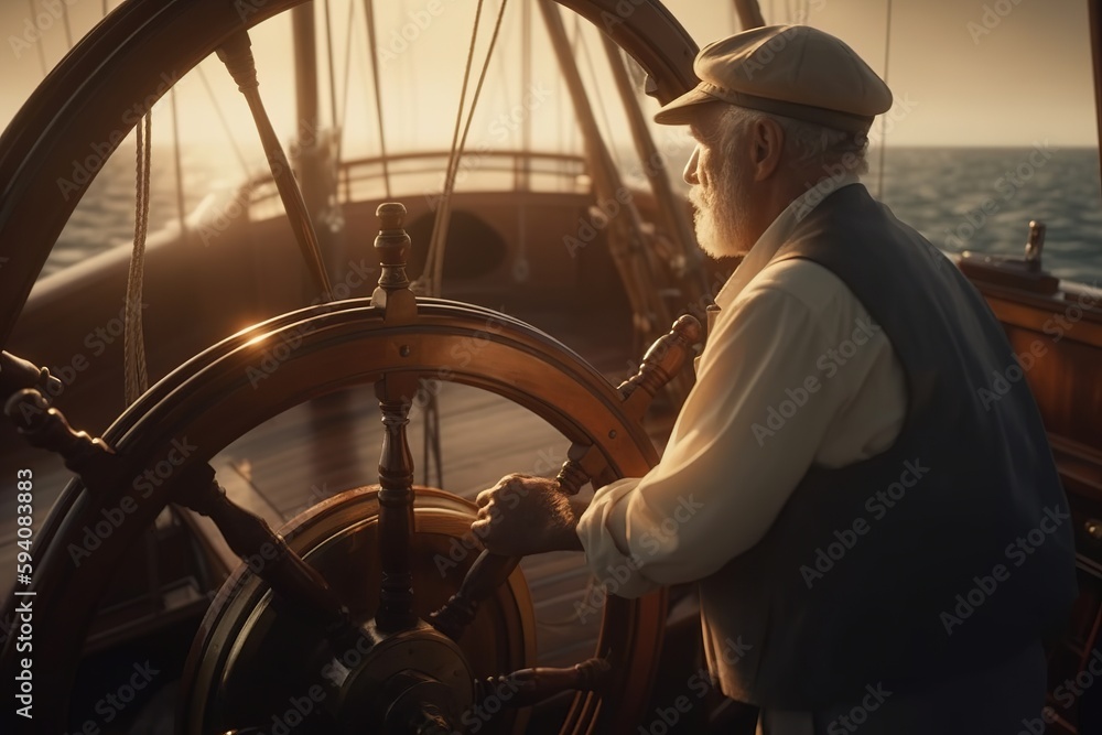 Ilustracja Stock: A captain stands at the wheel, surveying the sea and ...