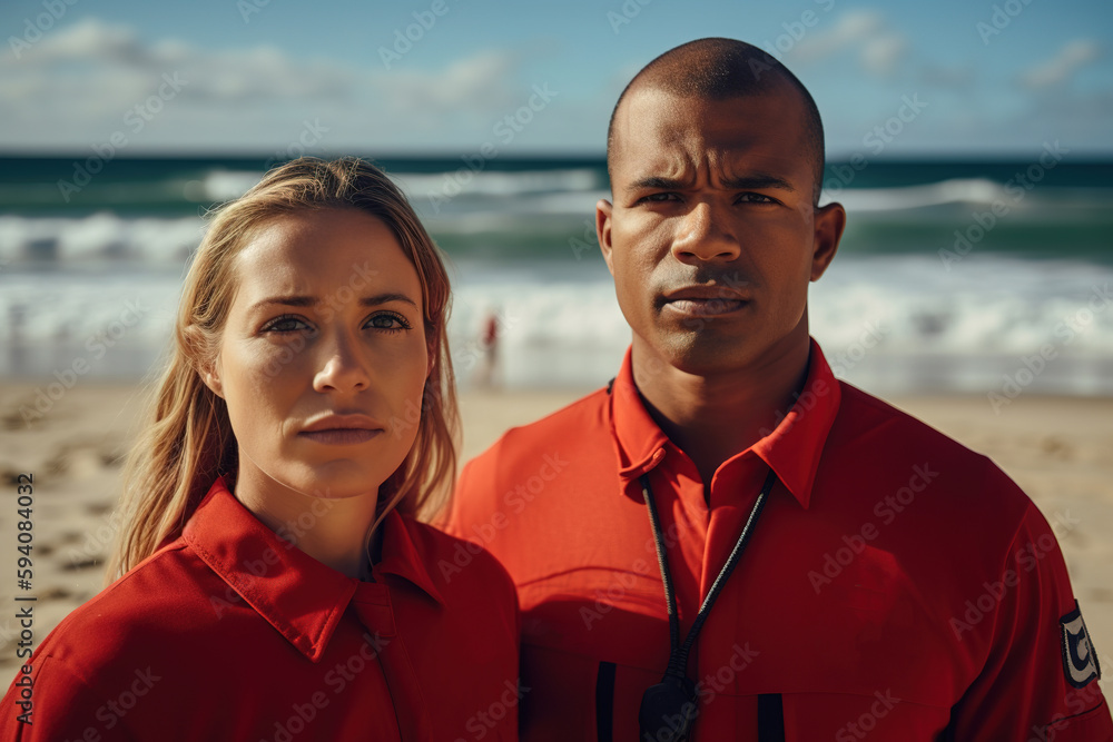 Advertising portrait shot of a baywatch guards in red swimsuits ...