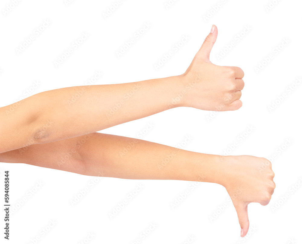 Thumbs up, down and hands of model woman for png, isolated and ...