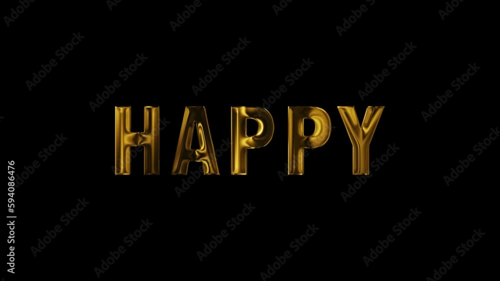 3d happy word golden typography, shiny and metallic light motion text ...
